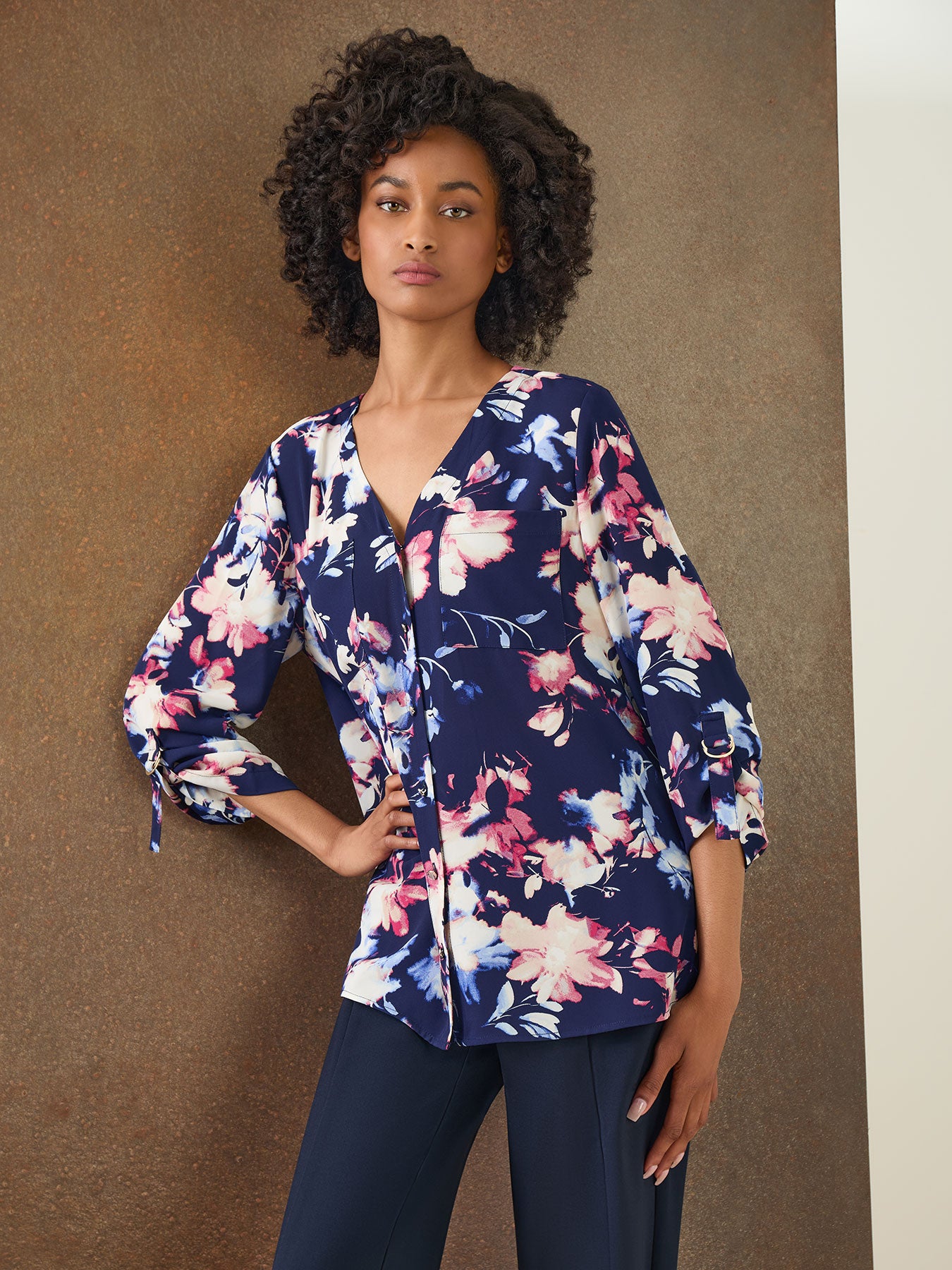 Floral Button-Front Collarless Tunic