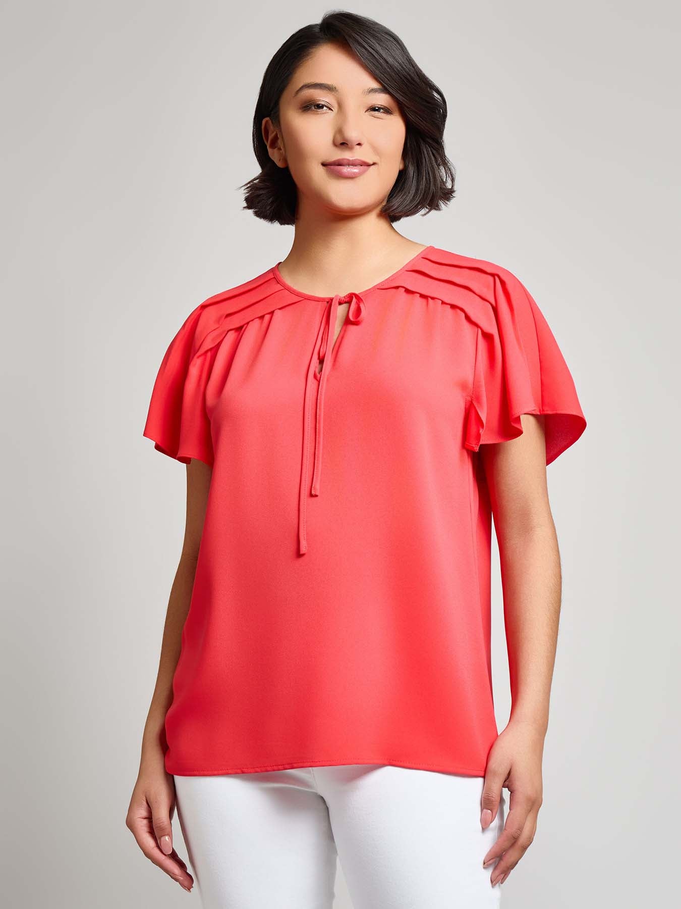Petite Pleated Shoulder Flutter Sleeve Blouse