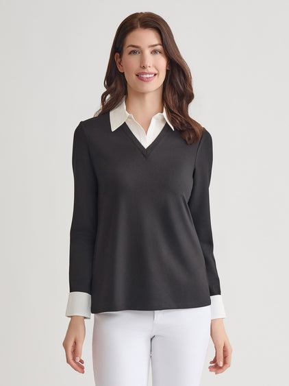 Plus Collared Shirt V-Neck Two-Fer Top