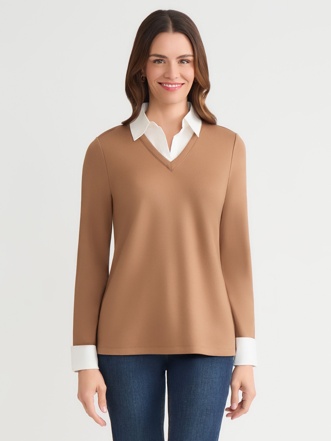 Collared Shirt V-Neck Two-Fer Top