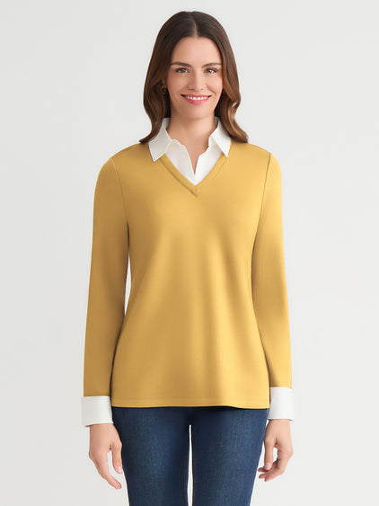 Plus V-Neck Twofer, Serenity Knit Poplin