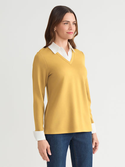 Plus V-Neck Twofer, Serenity Knit Poplin