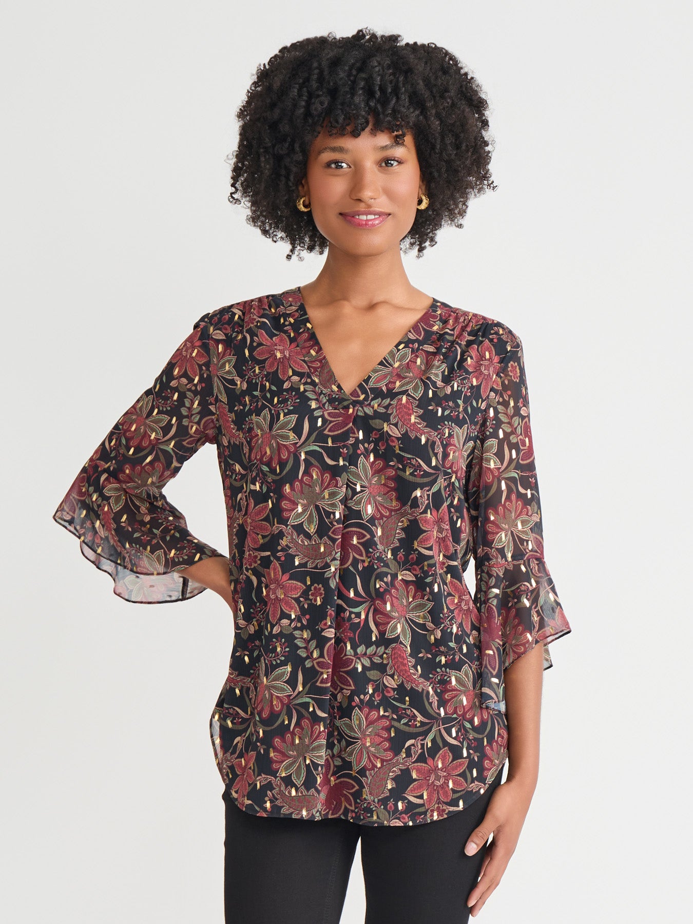 Plus Flutter Sleeve Shimmer Print Blouse